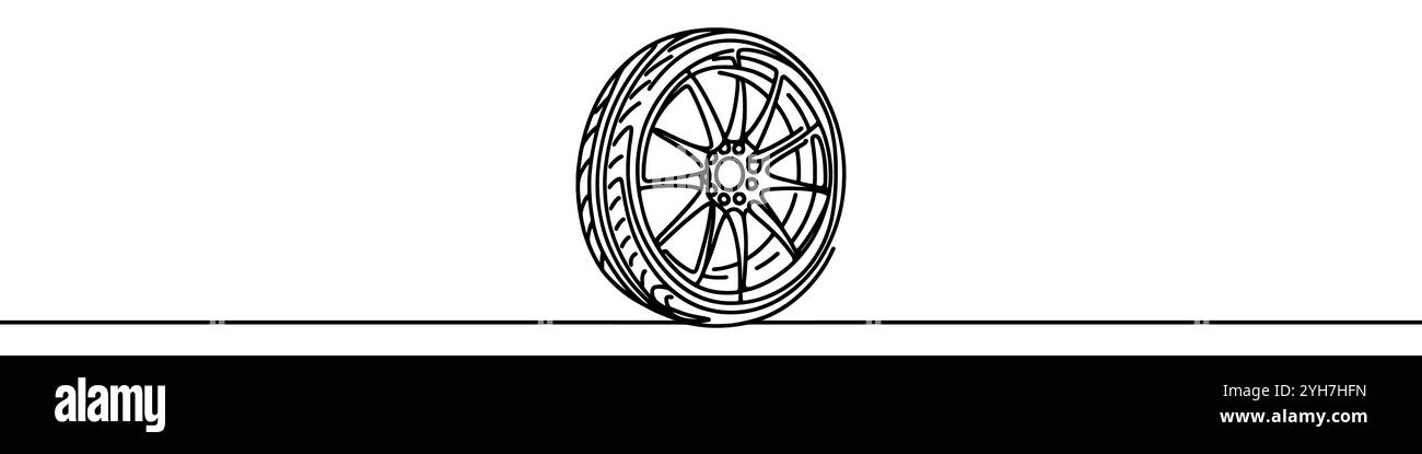 One continuous line illustration of a car wheel, isolated on white ...