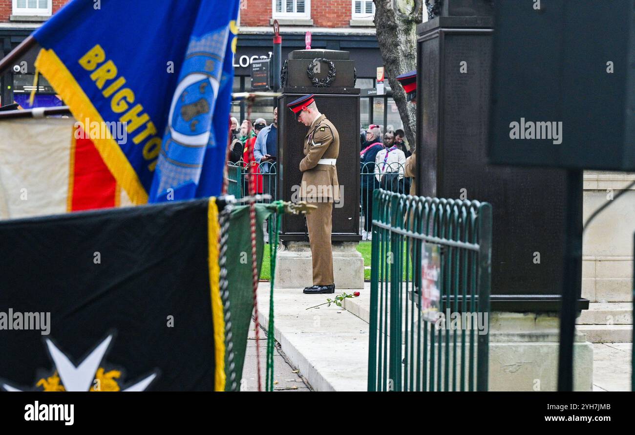 Brighton UK 10th November 2024 - Members of the armed forces guard at ...