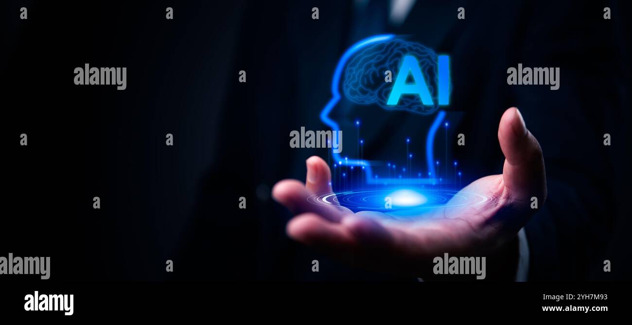 A holographic representation of AI technology in a person hand ...