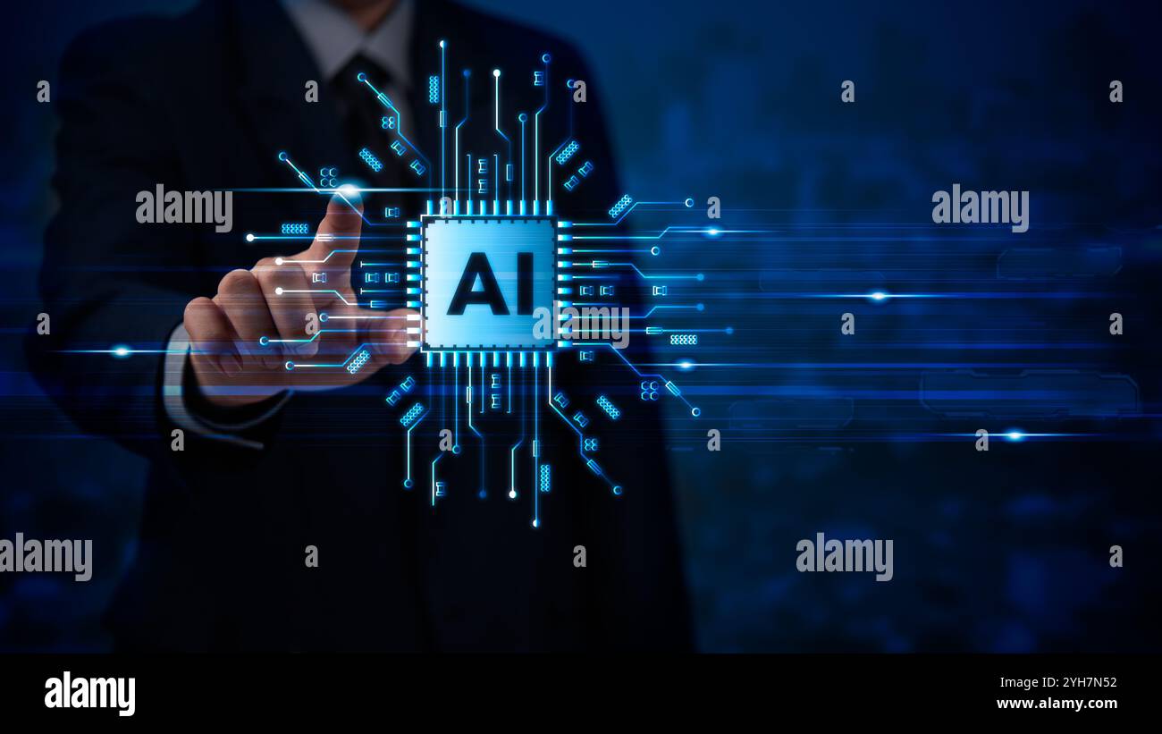 Businessman touching AI chip hologram. Futuristic tech concept, innovation, and advanced data ...
