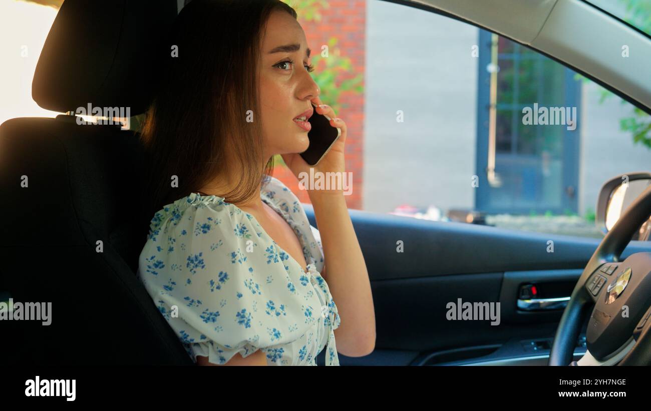 Angry mad unhappy furious Caucasian woman female driver girl driving ...