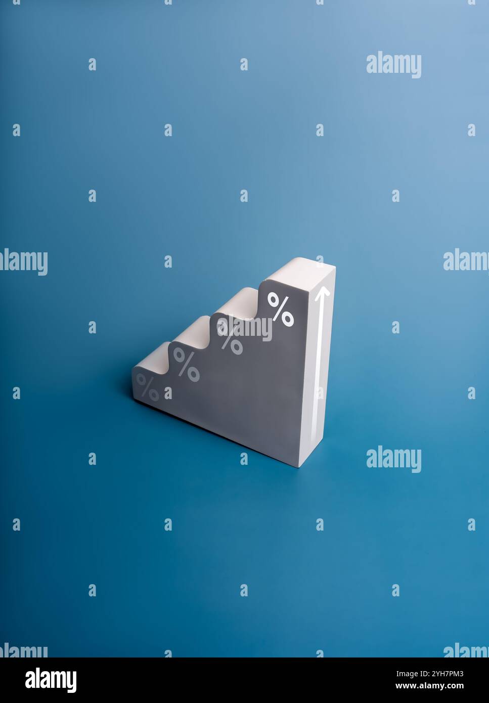 Rise arrow and percentage icon on white stairway as bar graph chart ...