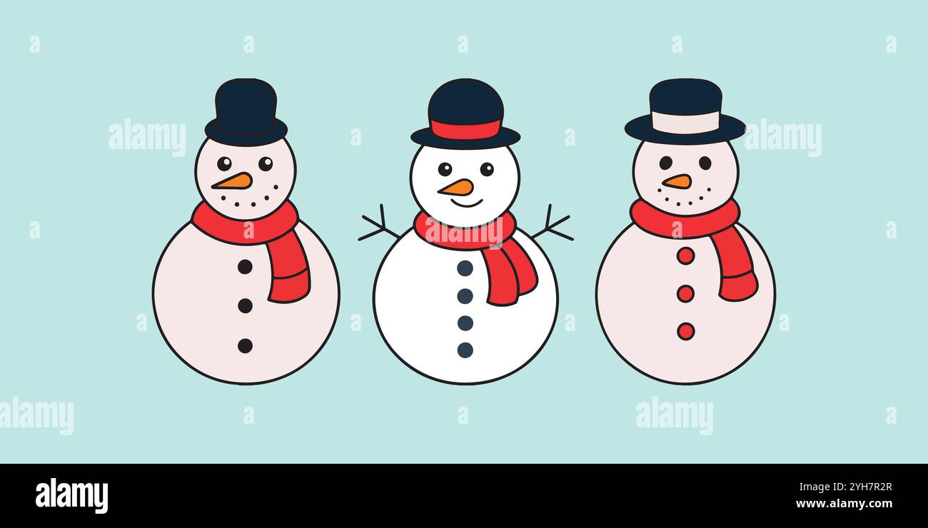 Cute Cartoon Christmas Snowman icons set, Winter Snowman vector clipart ...
