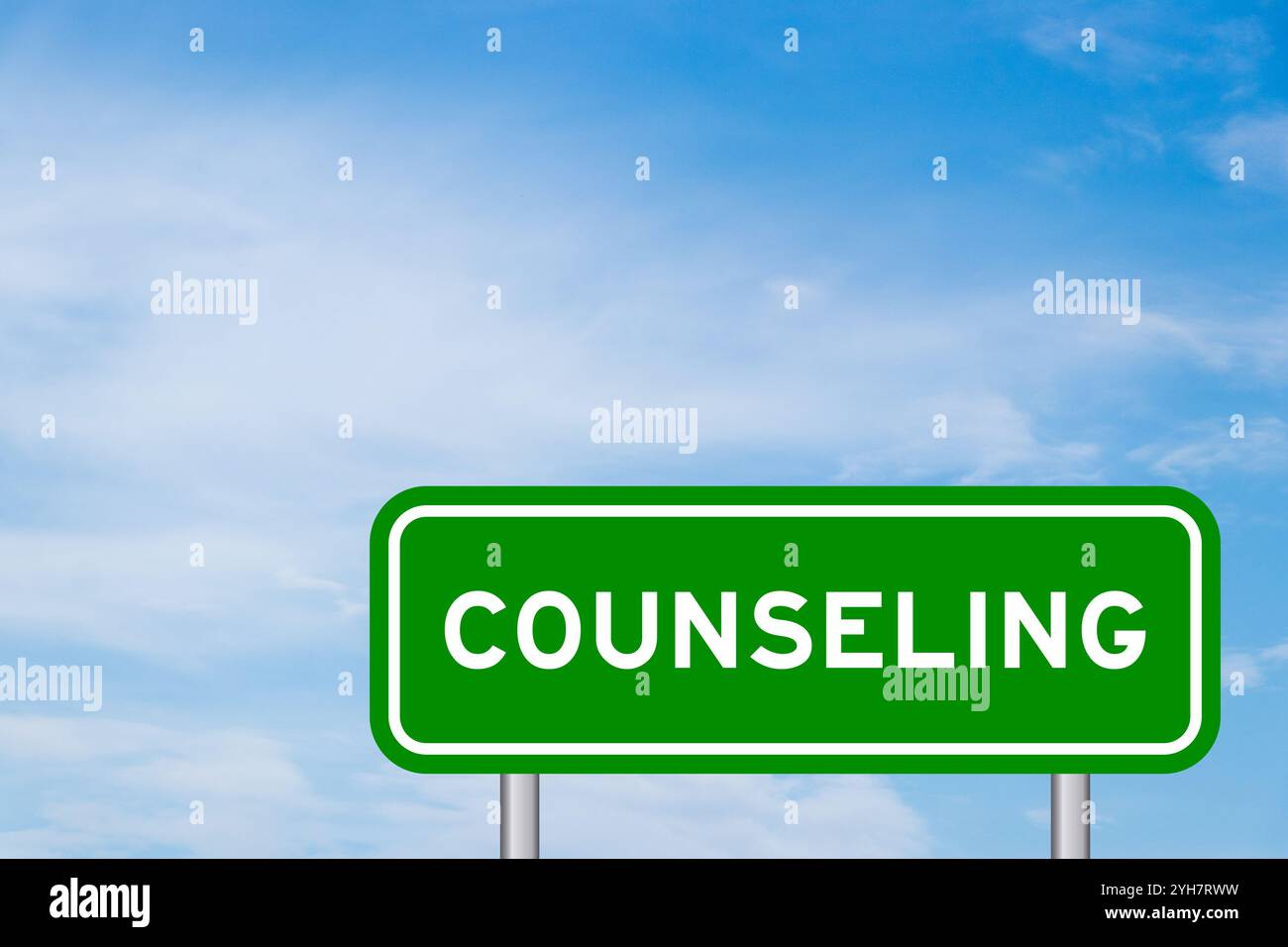 Green color transportation sign with word counseling on blue sky with ...