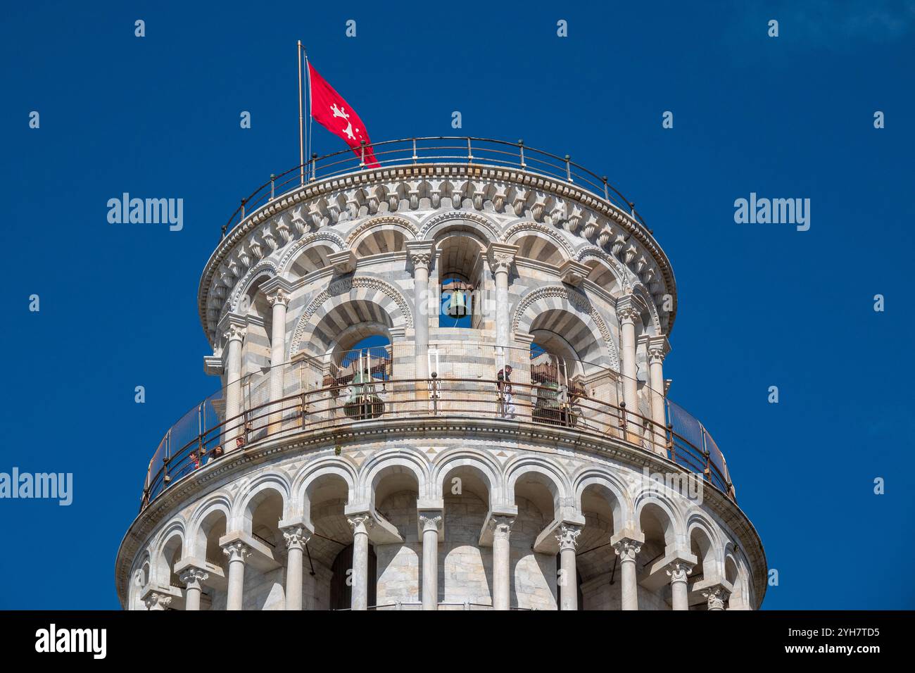 The belfry at the top of the Leaning Tower of Pisa, Italy, featuring ...