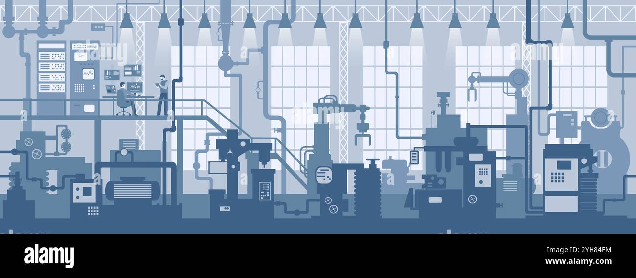 Industrial zone. Assembly line with robotic arms flat illustration ...