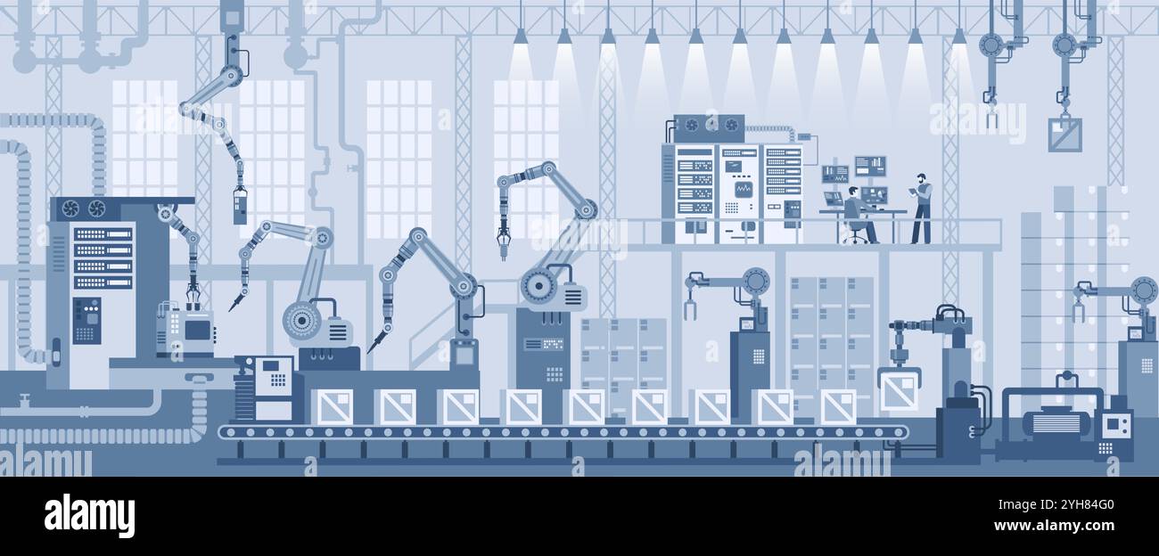 Industrial zone. Assembly line with robotic arms flat illustration ...