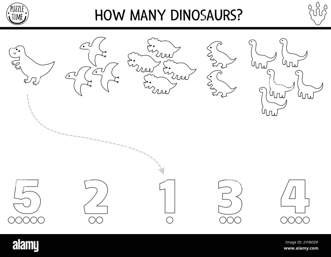 Black and white counting and matching game with dinosaurs. Dino math ...