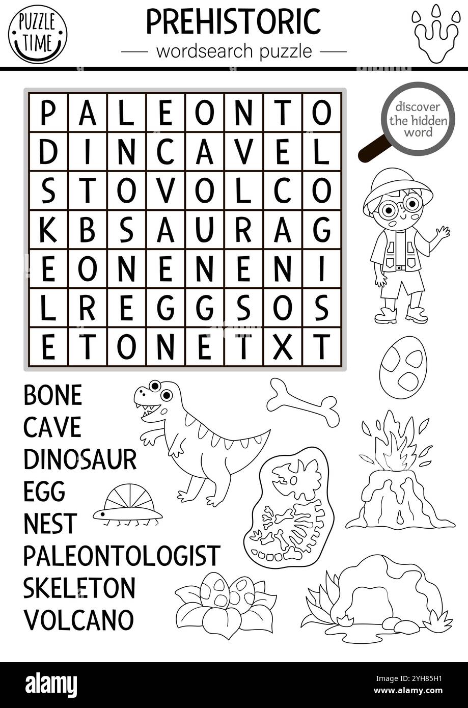 Vector black and white dinosaur wordsearch puzzle for kids. Word search ...