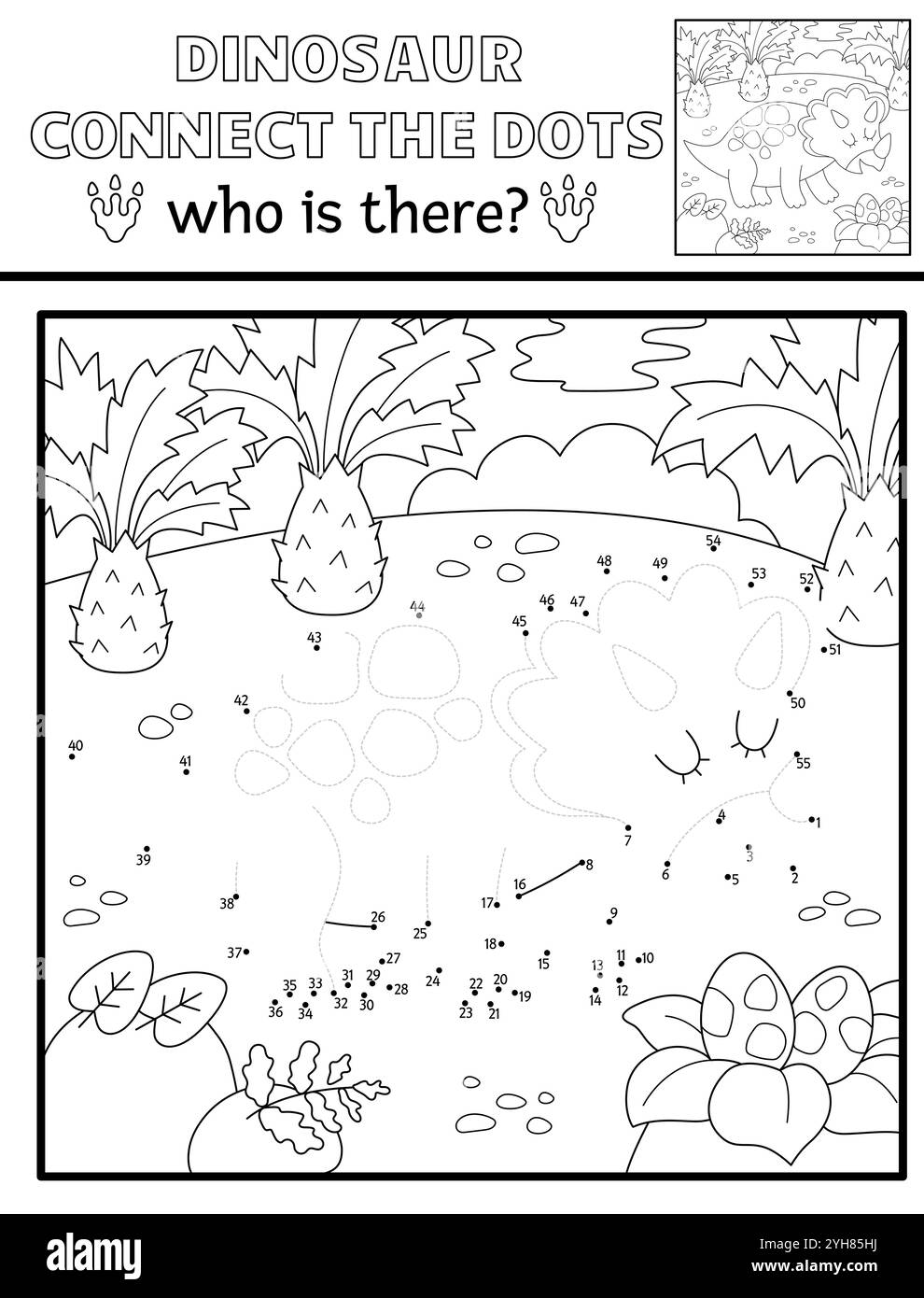 Vector black and white dot-to-dot and color activity with triceratops ...