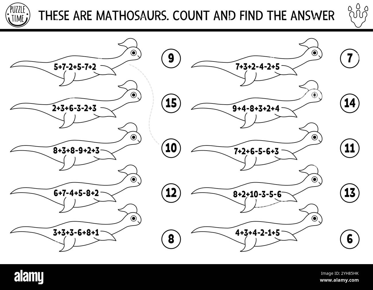 Black and white counting and matching game with cute long plesiosaurs ...
