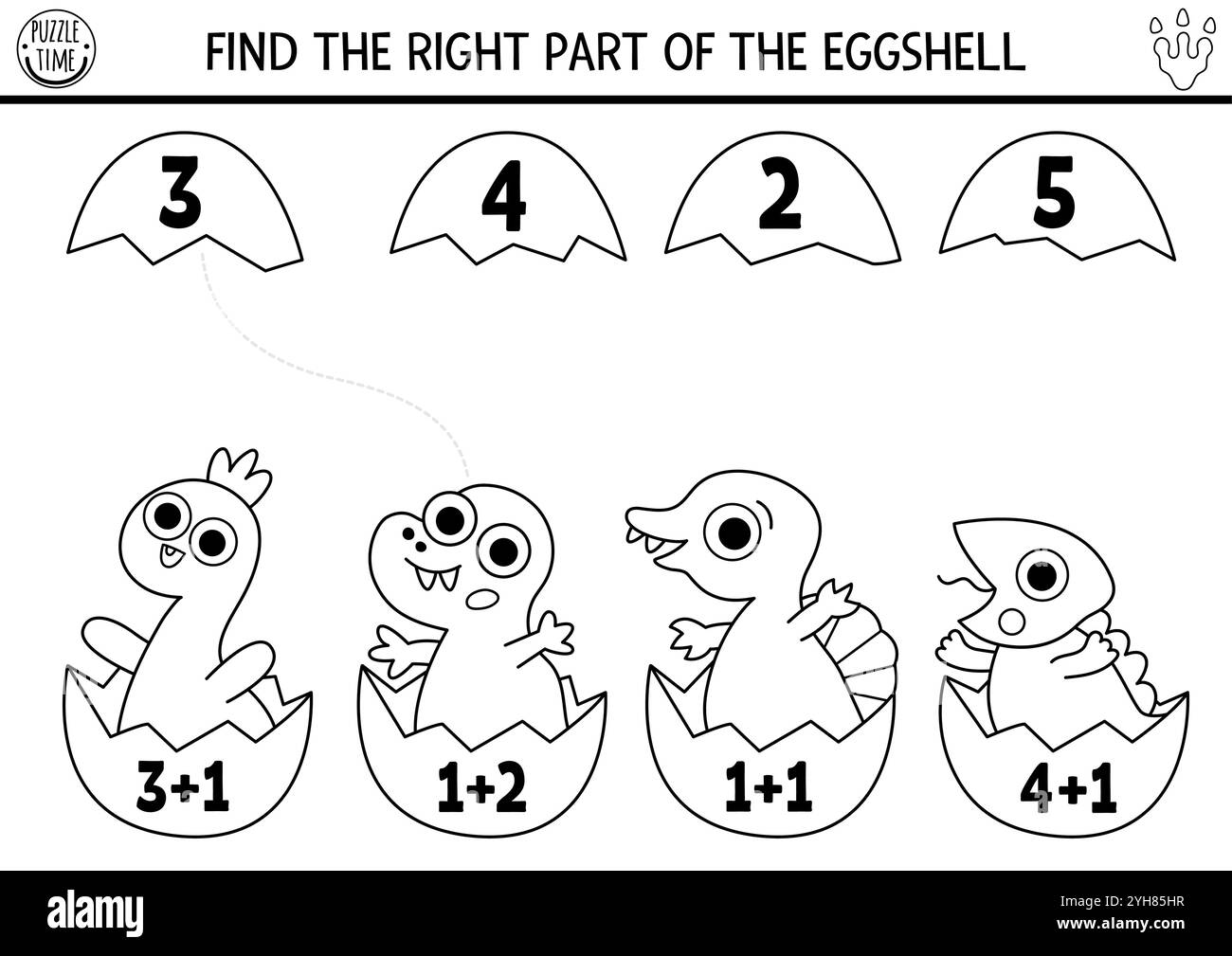 Black and white counting and matching game with baby dinosaurs in eggs ...