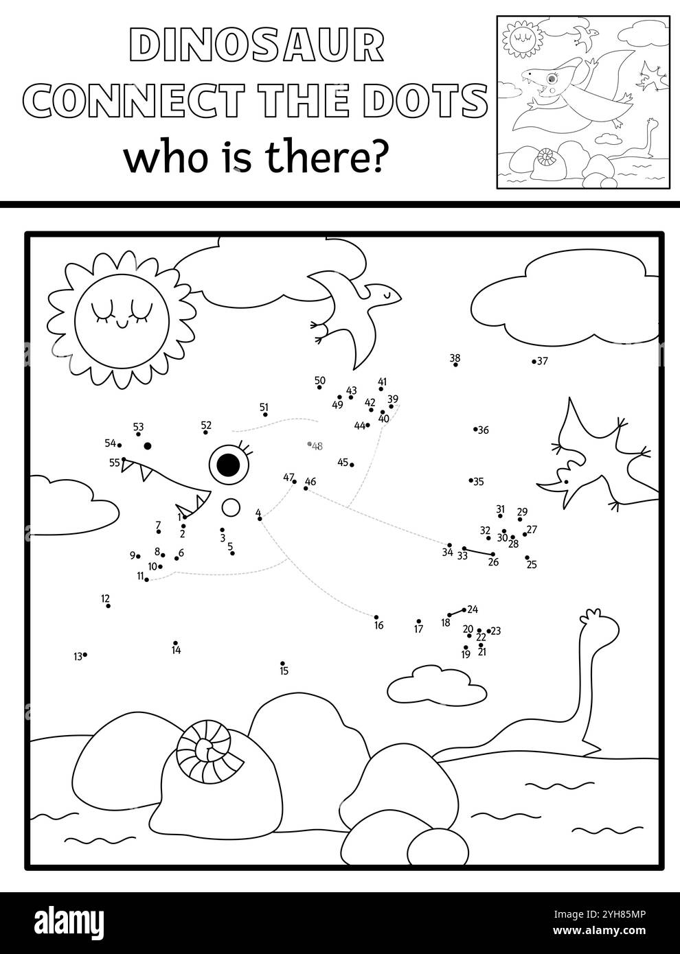 Vector black and white dot-to-dot and color activity with pterosaur ...