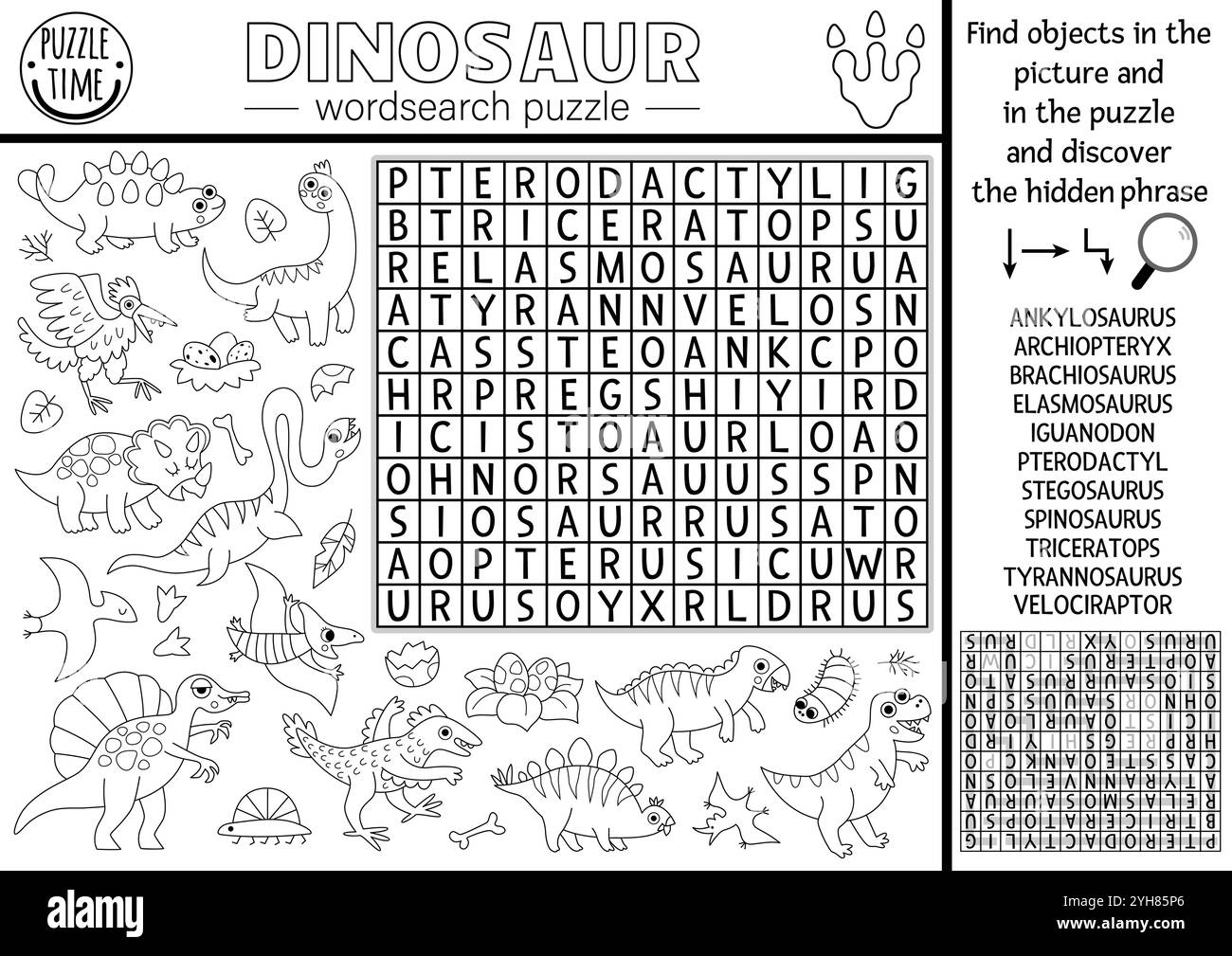 Vector black and white wordsearch puzzle for kids with dinosaur names ...
