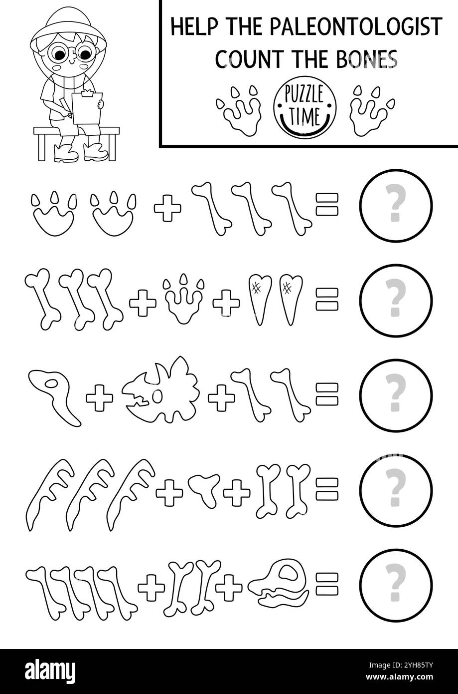 Black and white counting game with cute paleontologist and dinosaur ...
