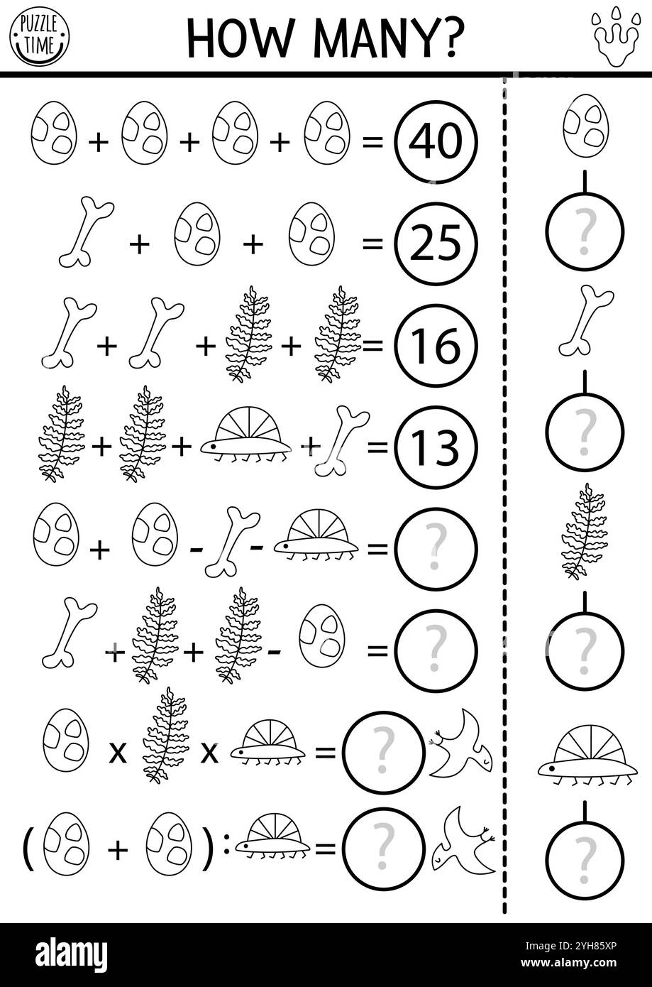 Black and white dinosaur how many game, equation or rebus. Prehistoric ...