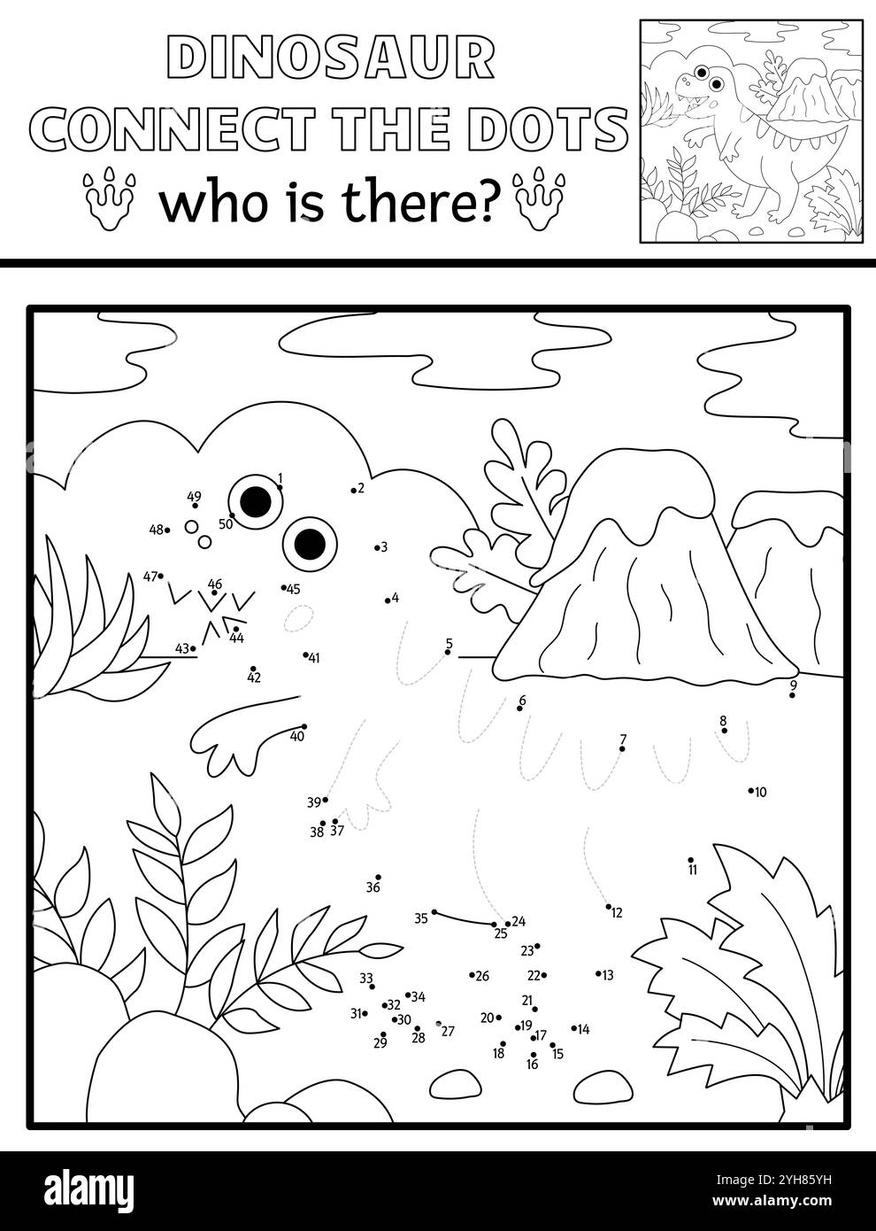 Vector black and white dot-to-dot and color activity with tyrannosaur ...