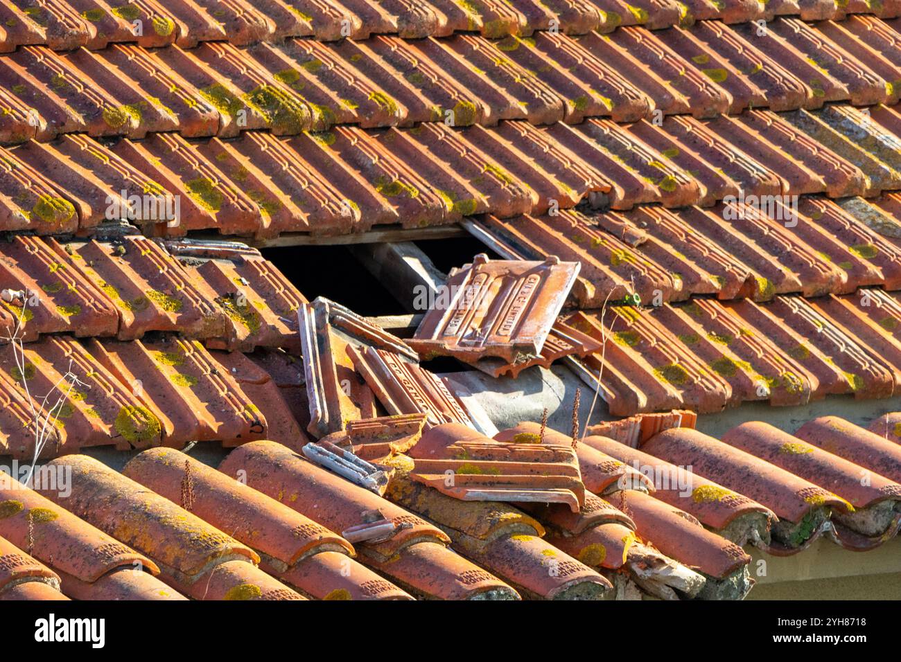 Damaged roof with broken clay tiles and visible planks needing urgent ...