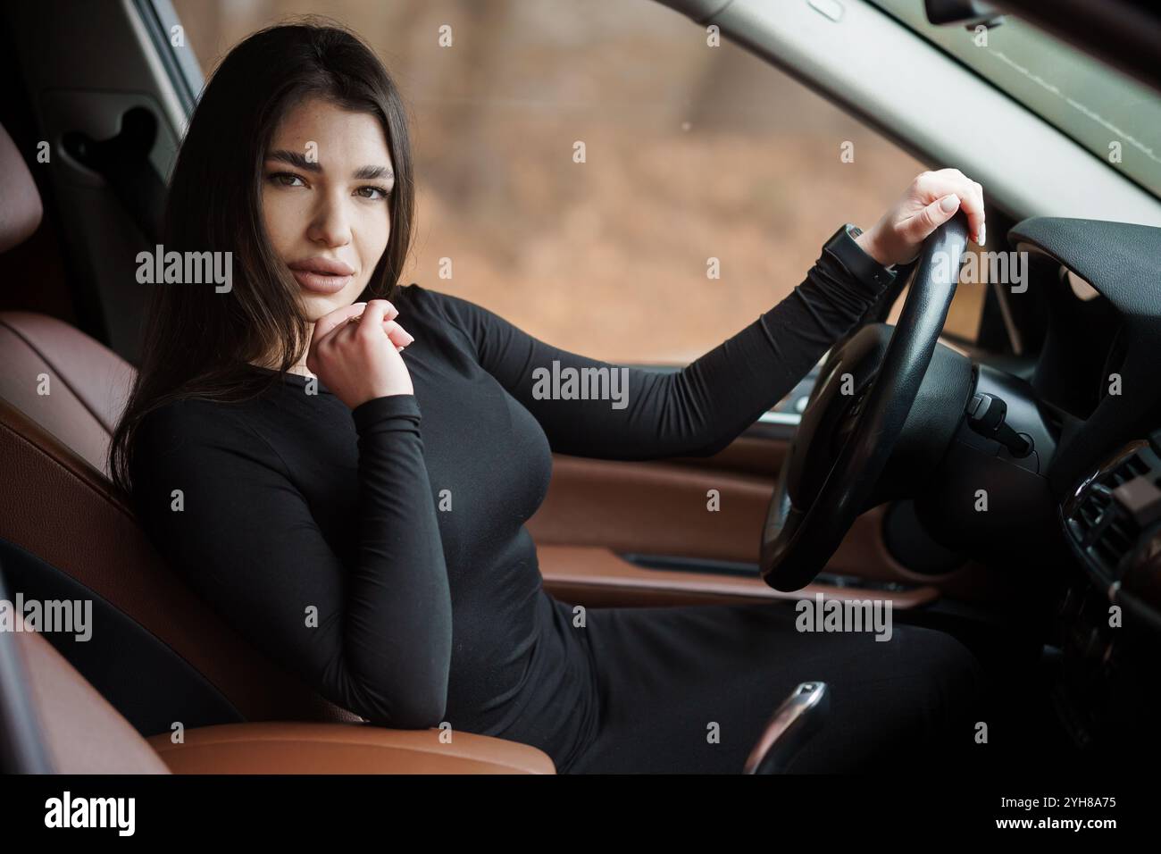 Elegant Woman Posing in a Luxury Car Interior Stock Photo - Alamy