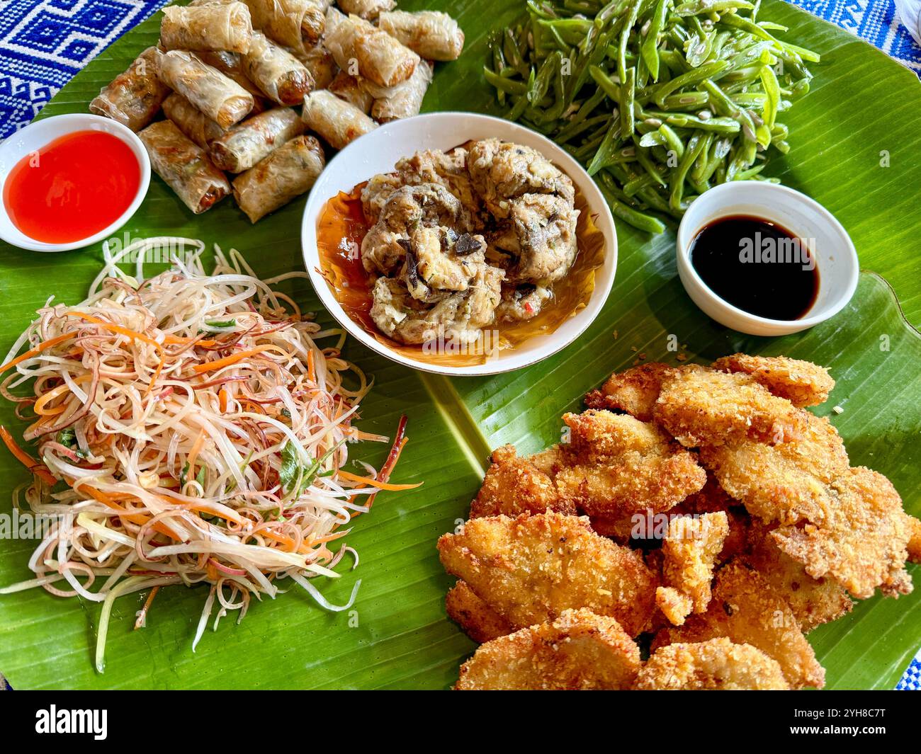 Family Style Meal in Vietnam - Catfish, green beans, fried spring rolls ...