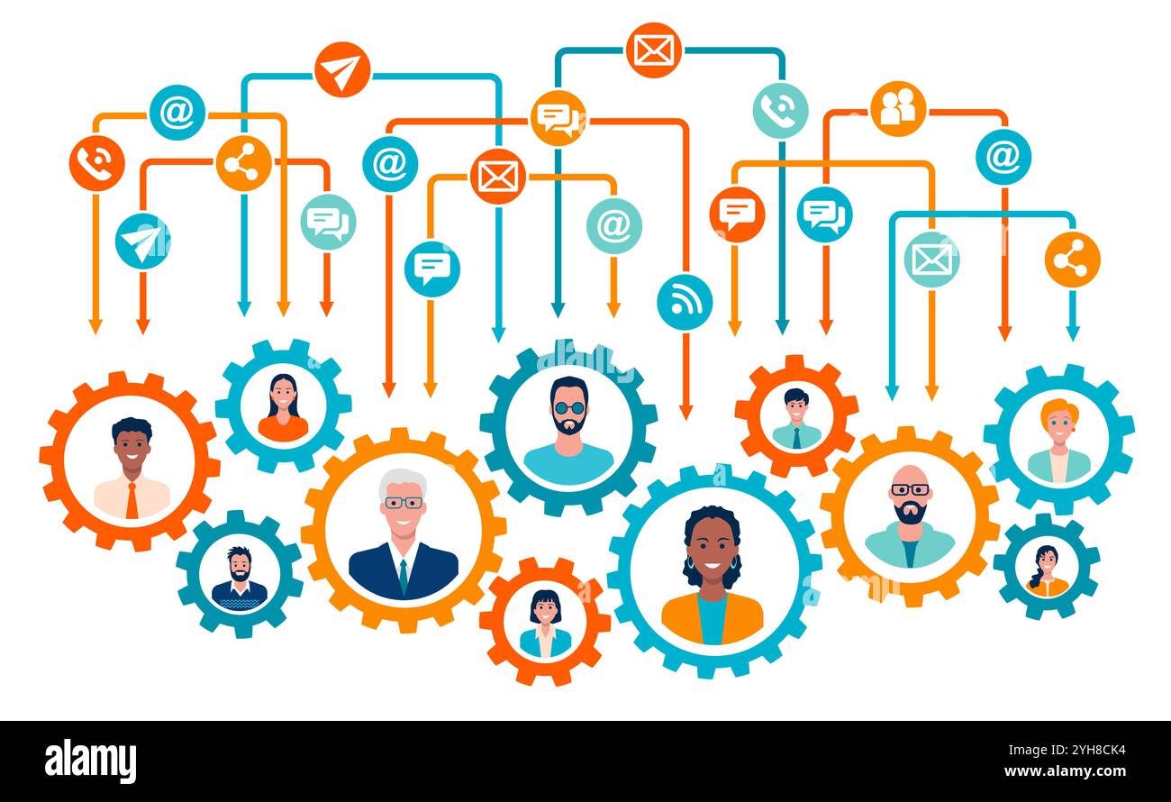 Multi colored connected gears. Within gears, there are depictions of ...