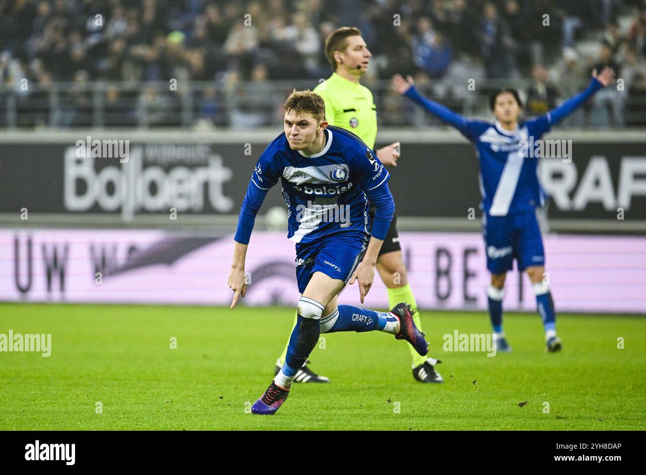 Gent, Belgium. 10th Nov, 2024. Gent's Max Dean celebrates after scoring ...
