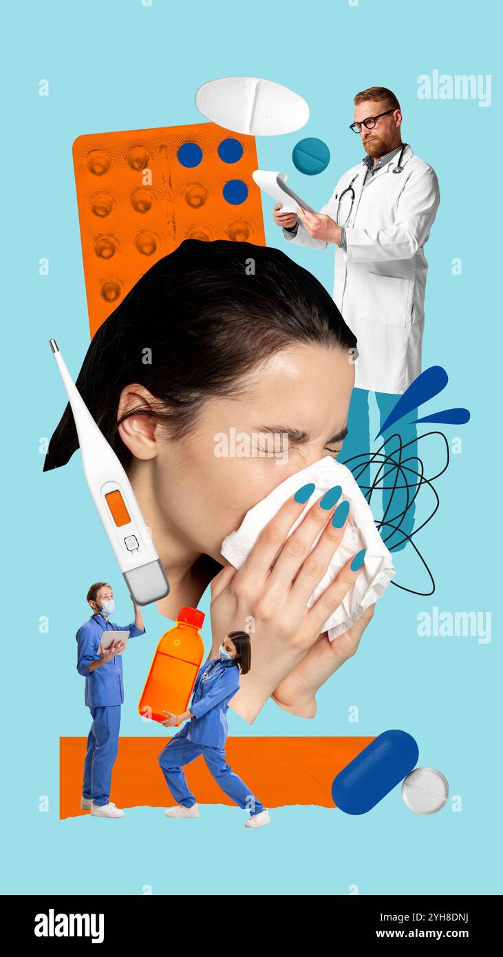 Woman having flu symptoms, sneezing, with medical staff and medication ...