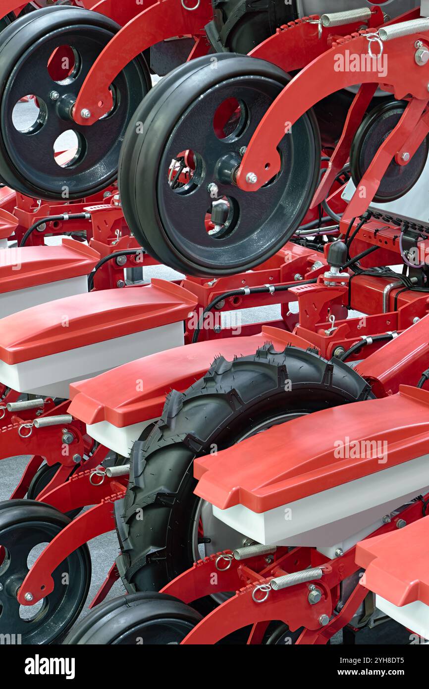 Modern seeder, sowing machine, close up shot. Abstract agriculture ...