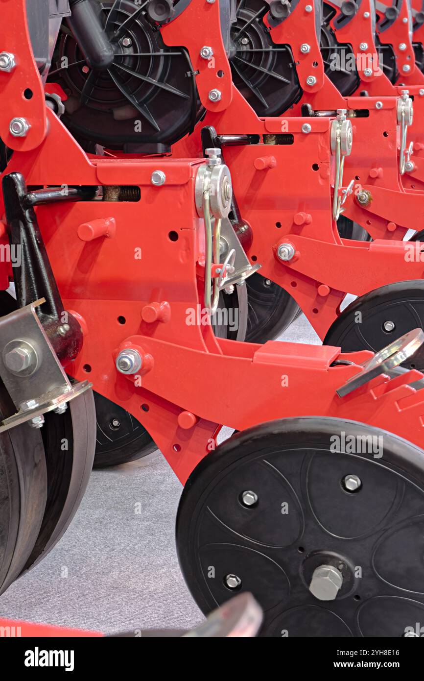 Modern seeder, sowing machine, close up shot. Abstract agriculture ...
