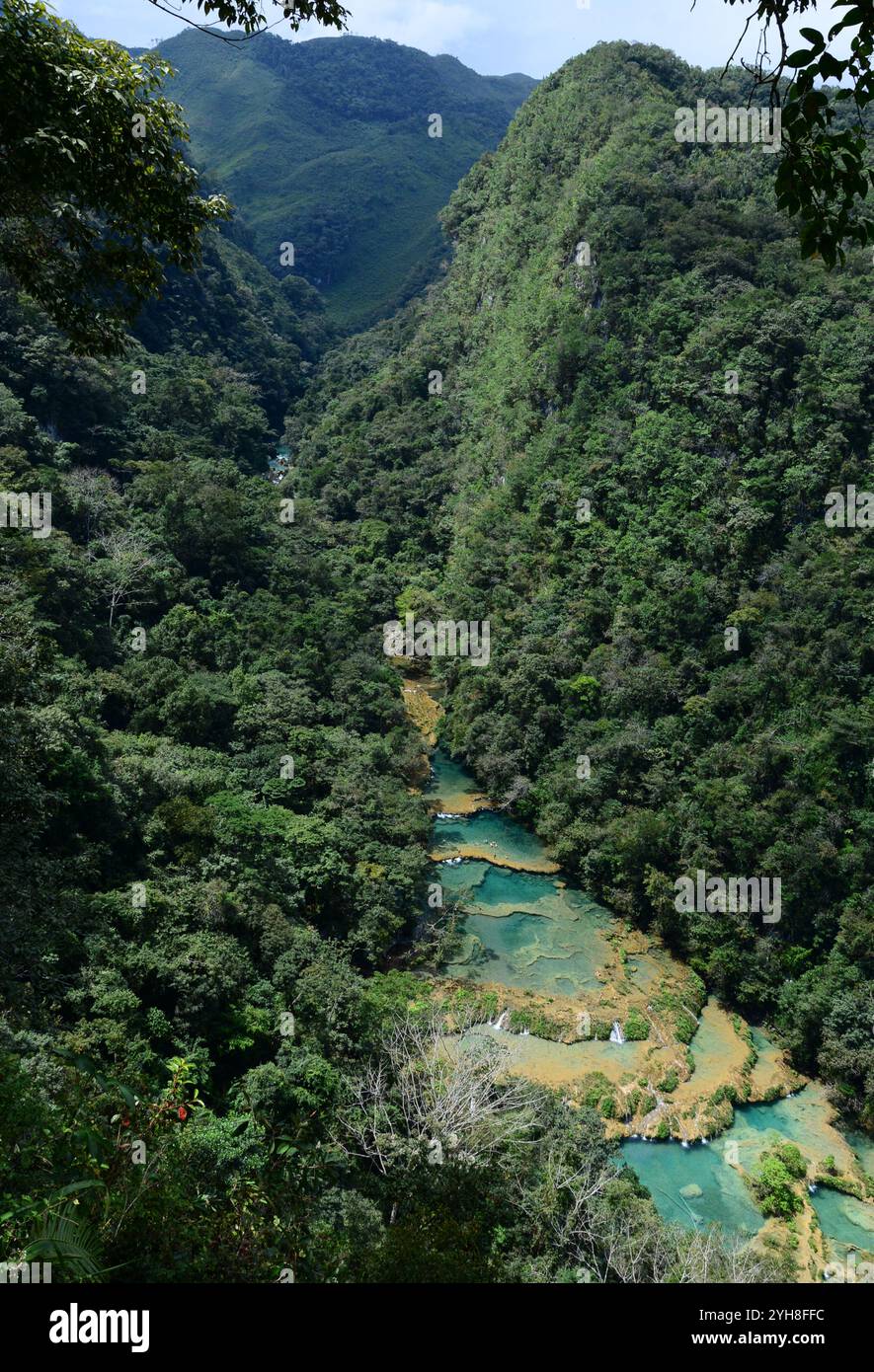 Aerial view of Semuc Champey, a natural monument located in a densely ...