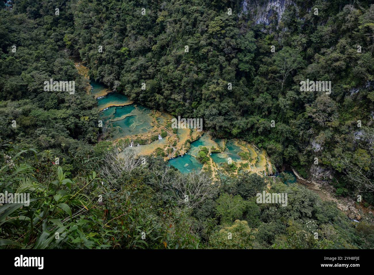 Aerial view of Semuc Champey, a natural monument located in a densely ...