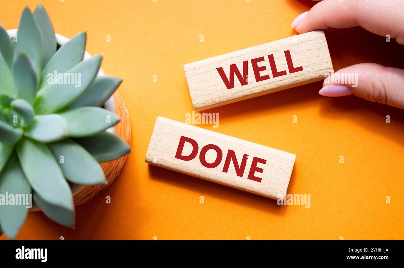 Well done symbol. Wooden blocks with words Well done. Businessman hand ...