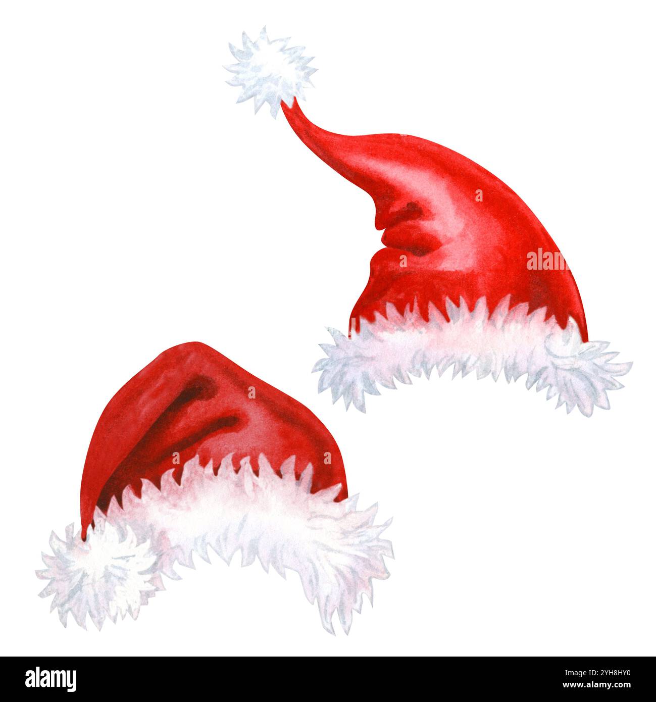Bright red hats with white fur of Santa Claus in watercolor ...