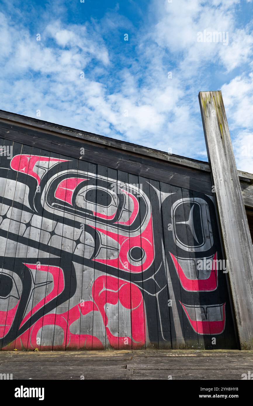 Alaska, Annette Island, Metlakatla. Traditional long house representing ...