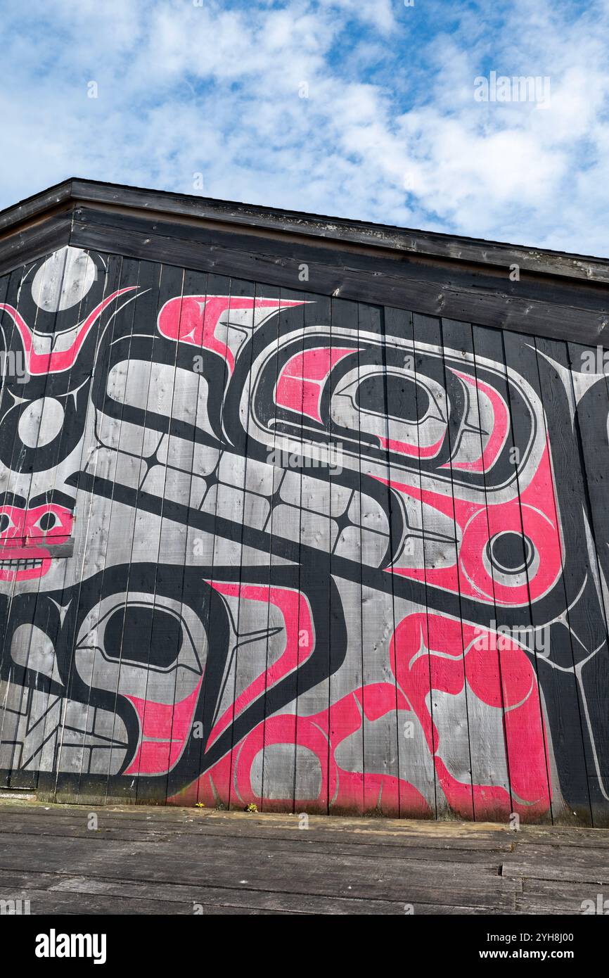 Alaska, Annette Island, Metlakatla. Traditional long house representing ...