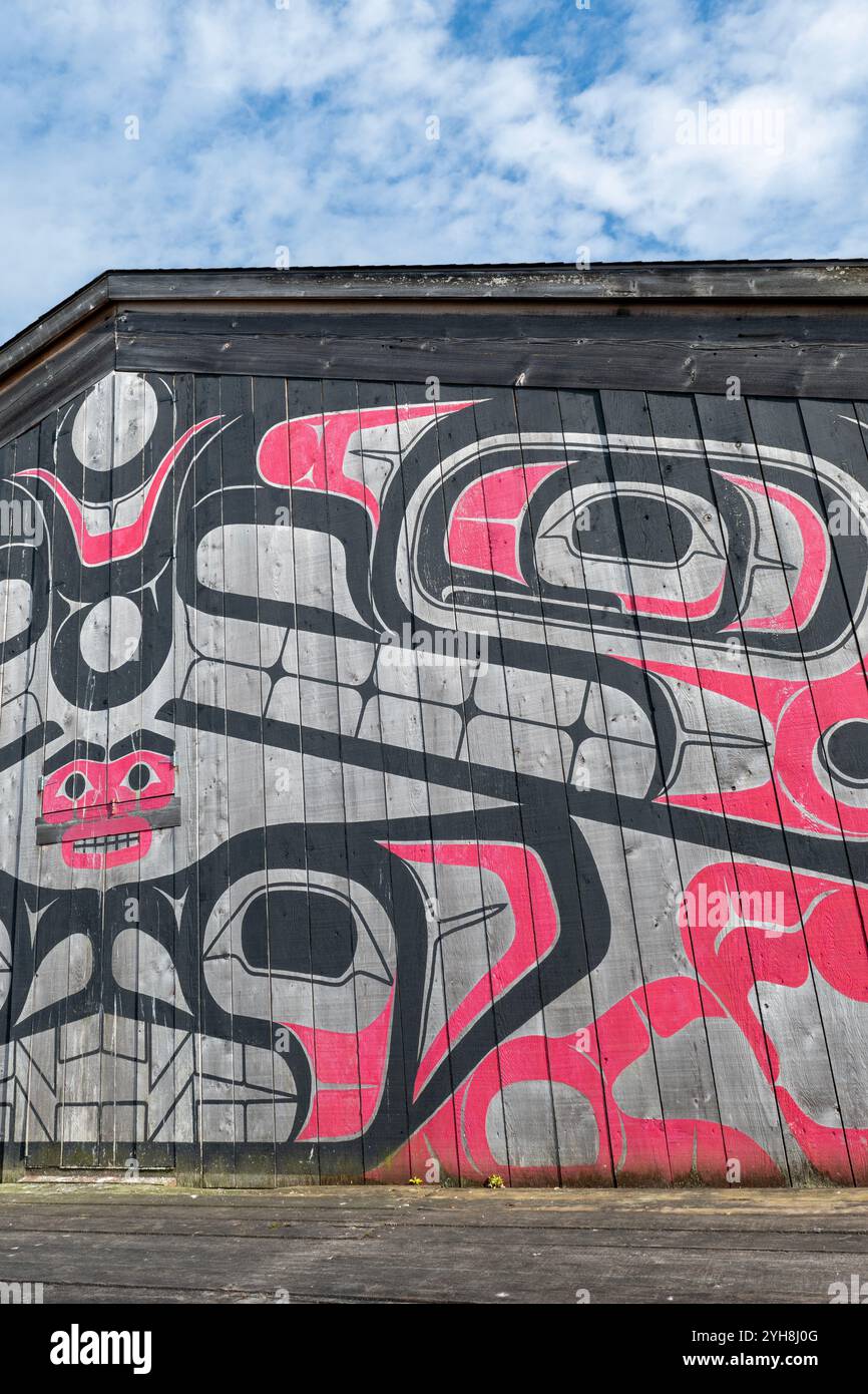 Alaska, Annette Island, Metlakatla. Traditional long house representing ...