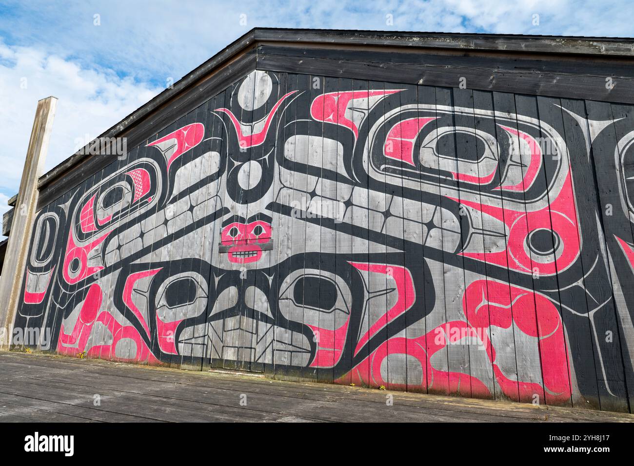 Alaska, Annette Island, Metlakatla. Traditional long house representing ...