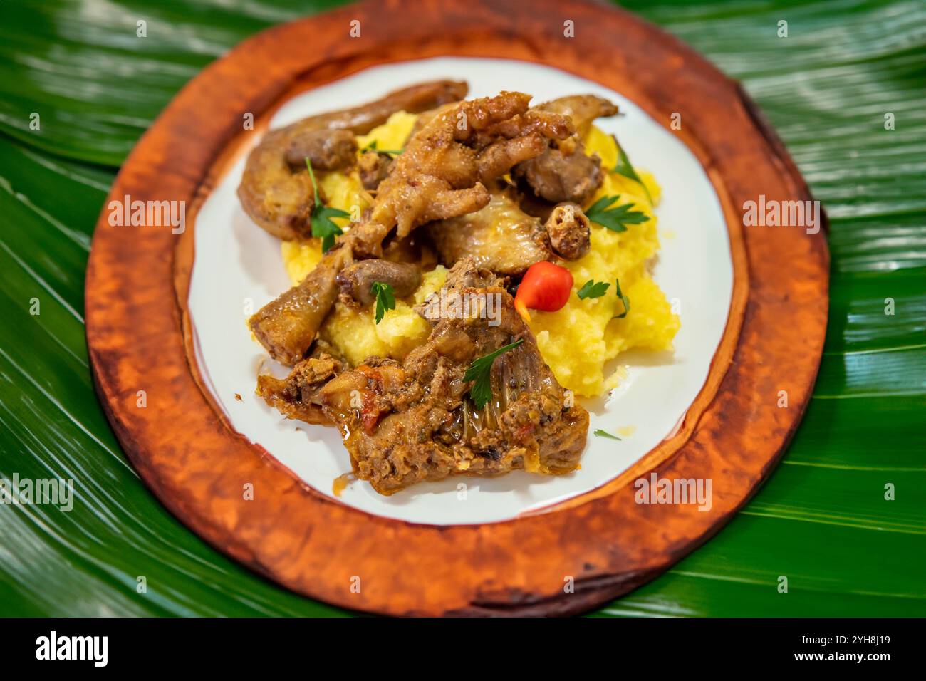 Traditional and rustic Brazilian dish, free-range chicken with polenta ...