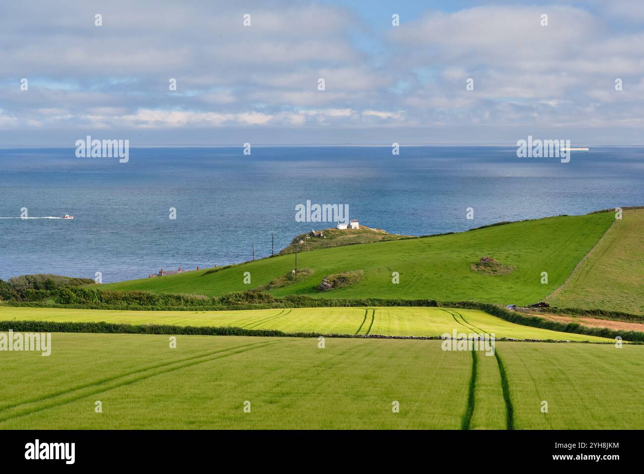 View across fields to the sea at Prawle Point on the South West Coast ...