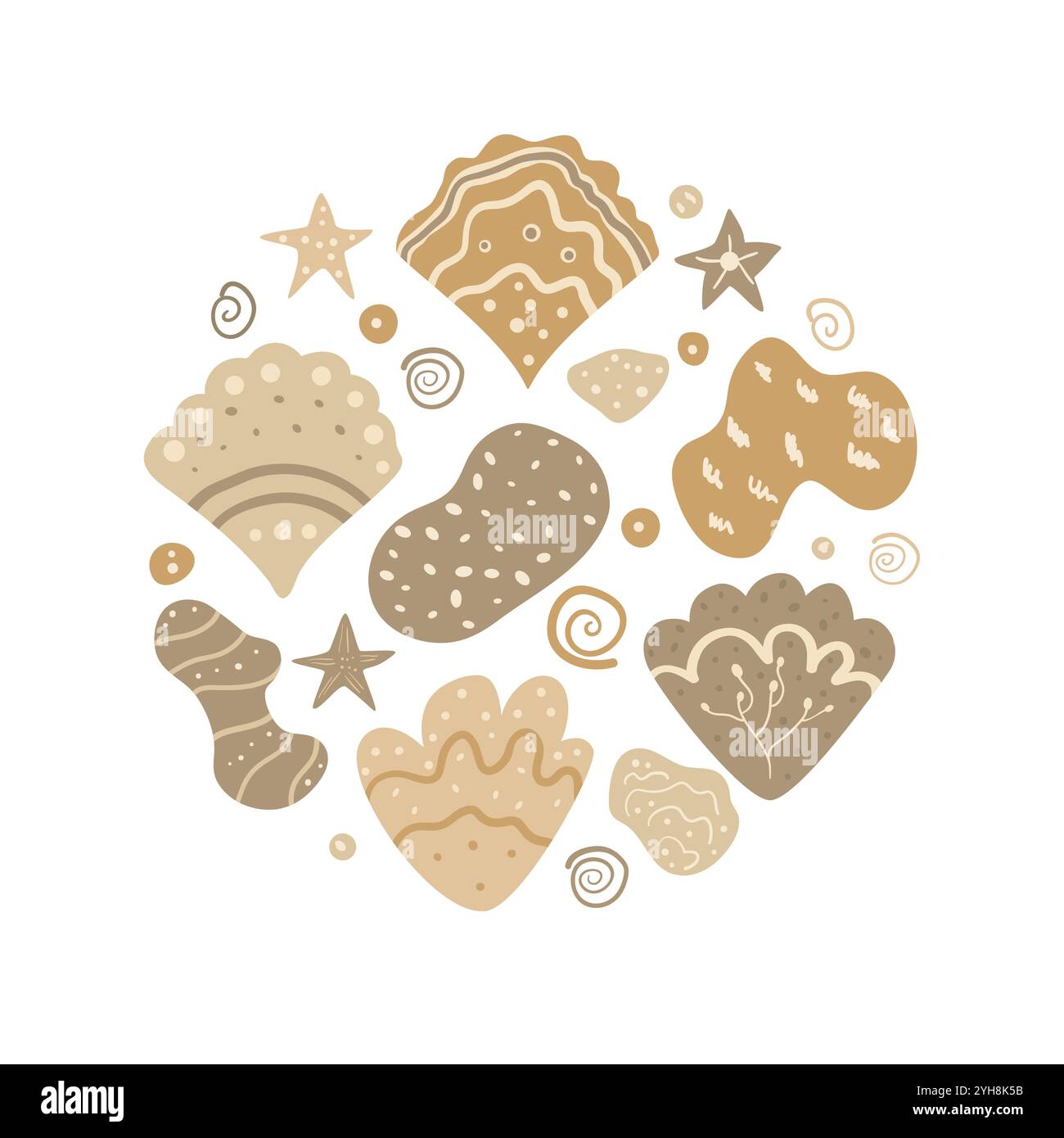 Coastal circular emblem. Seashells, starfish, and abstract shapes ...
