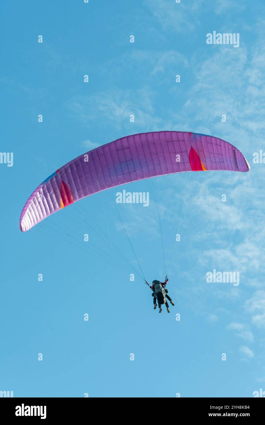 Tandem Paragliders soars high above the landscape under a vibrant pink ...