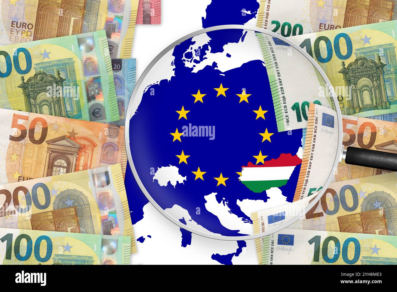 Euro notes and EU flag map with Hungary flag view through magnifying ...