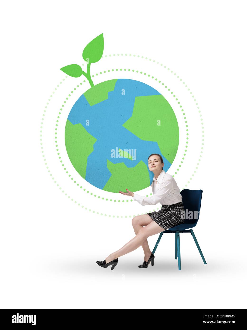 Young woman sitting next to Earth graphic with growing plants ...