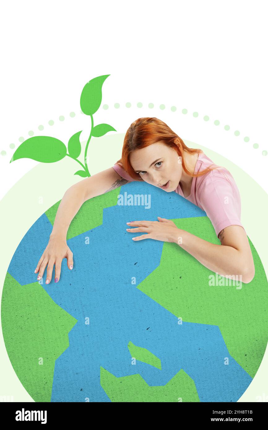 Young woman on Earth with plants, symbolizing nature care ...