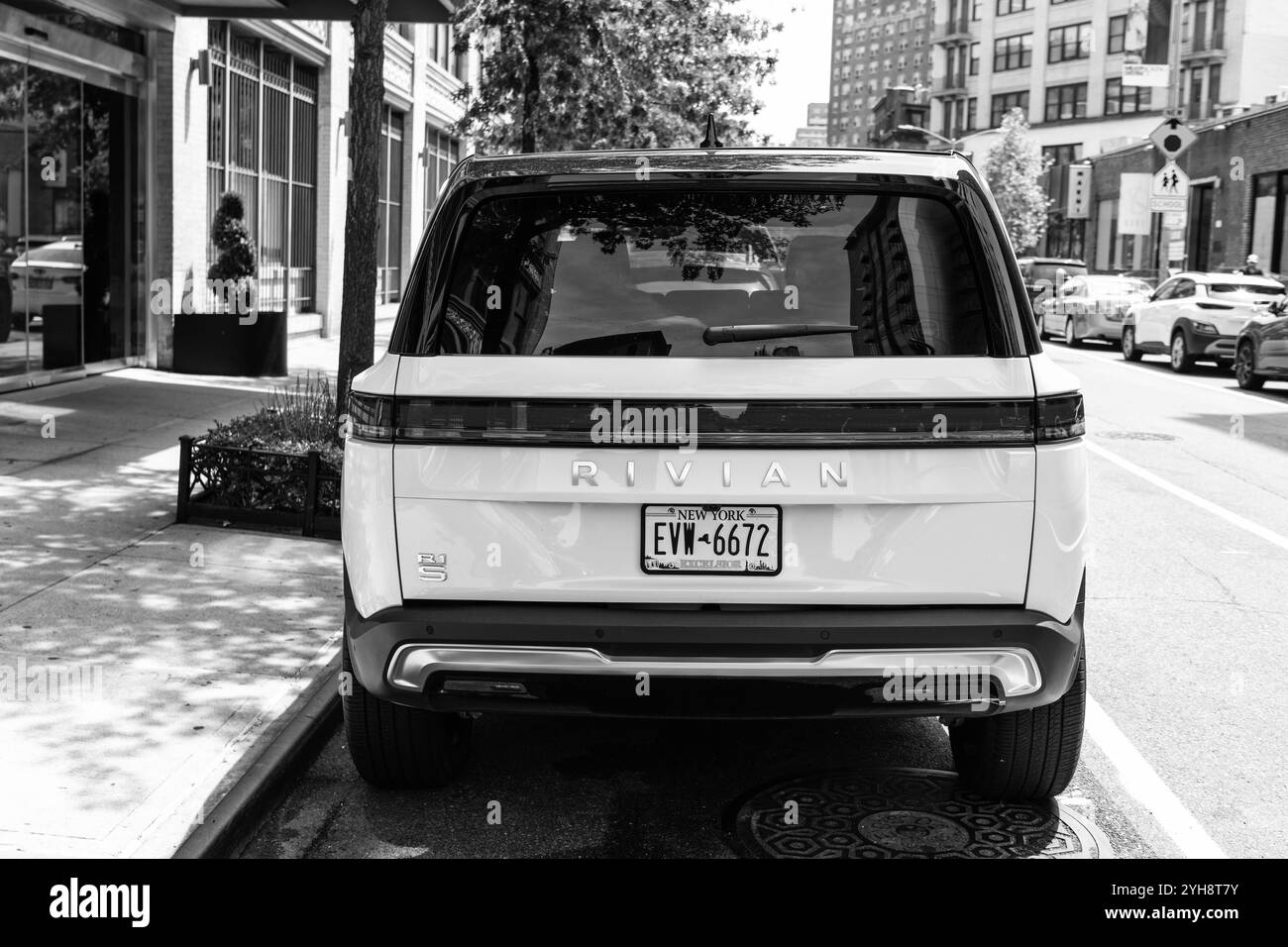 New York City, USA - August 06, 2023: Rivian R1S SUV white electric car ...