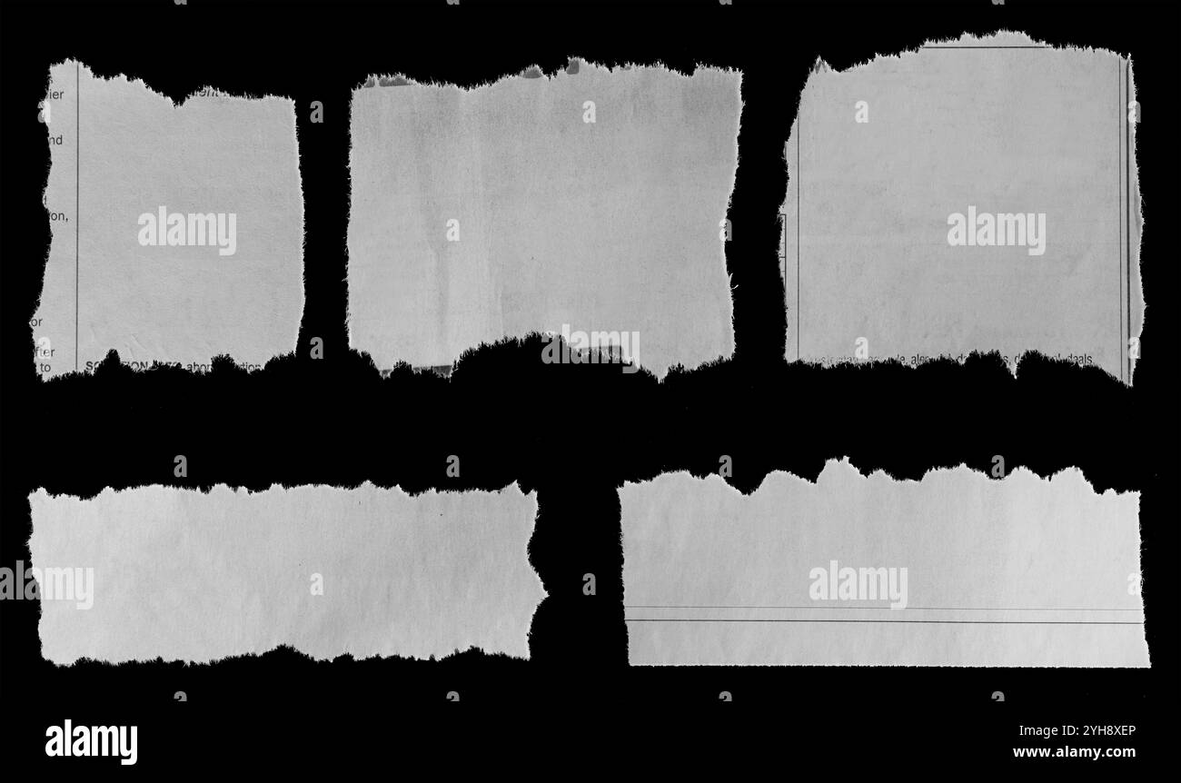 Five pieces of torn newspaper on black background Stock Photo - Alamy