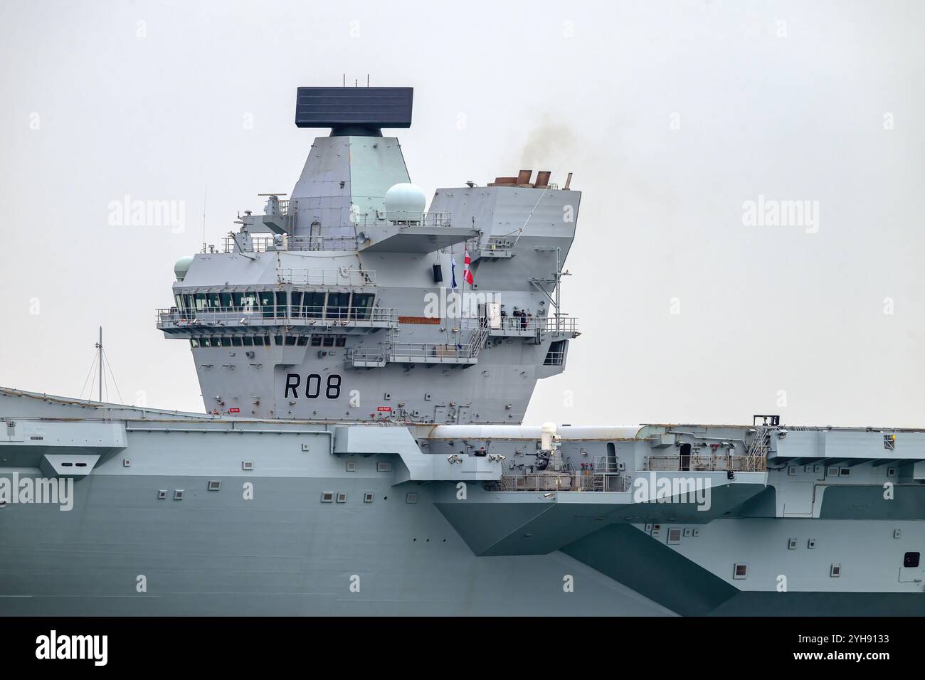 Detail view of the forward bridge of the Royal Navy aircraft carrier ...