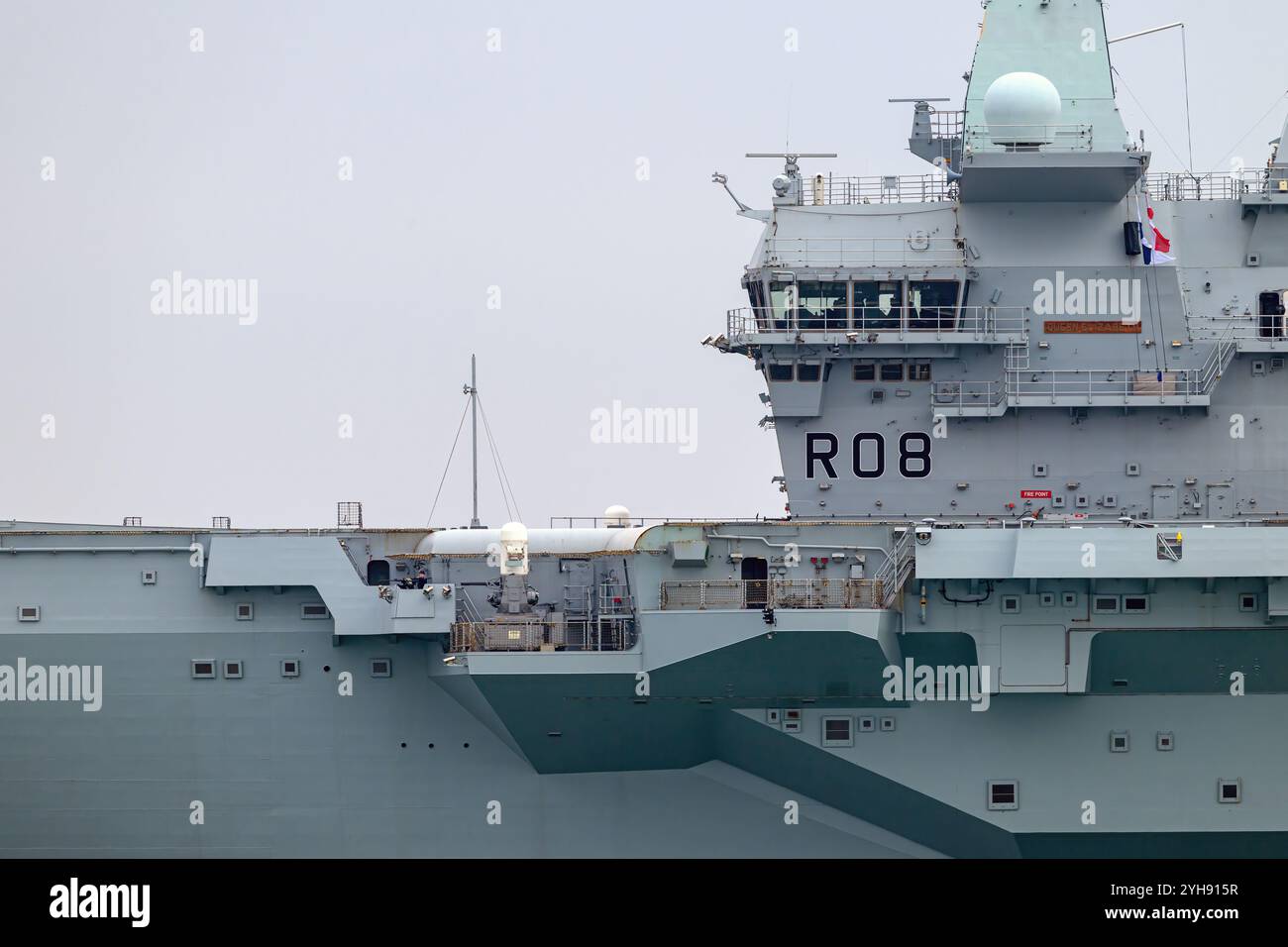 Detail view of the forward bridge of the Royal Navy aircraft carrier ...