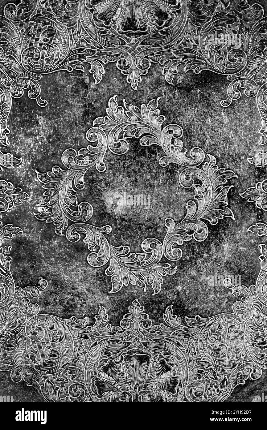 Engraving pattern background on an antique silver plate pewter tray ...