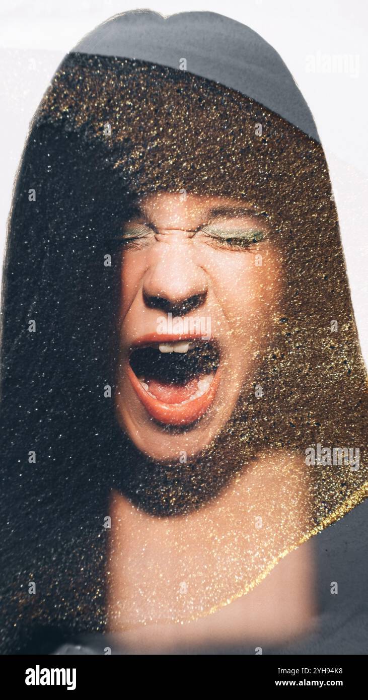 Aggressive portrait. Mental disorder. Angry female. Bad emotional feeling. Glitter in furious ...